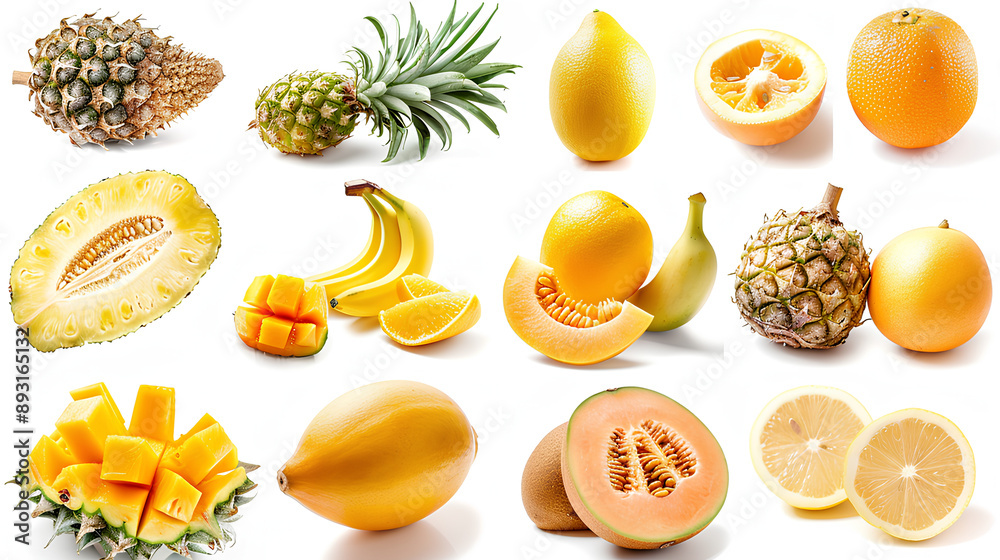 Collection of orange yellow fruits, lemon, banana, pineapple, mango ...