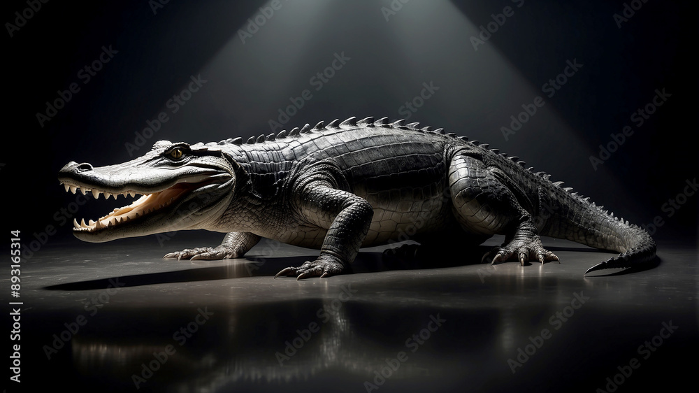 full-body shot of an alligator under a spotlight against a dark, moody ...