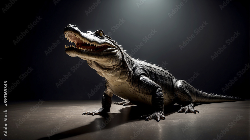 full-body shot of an alligator under a spotlight against a dark, moody ...