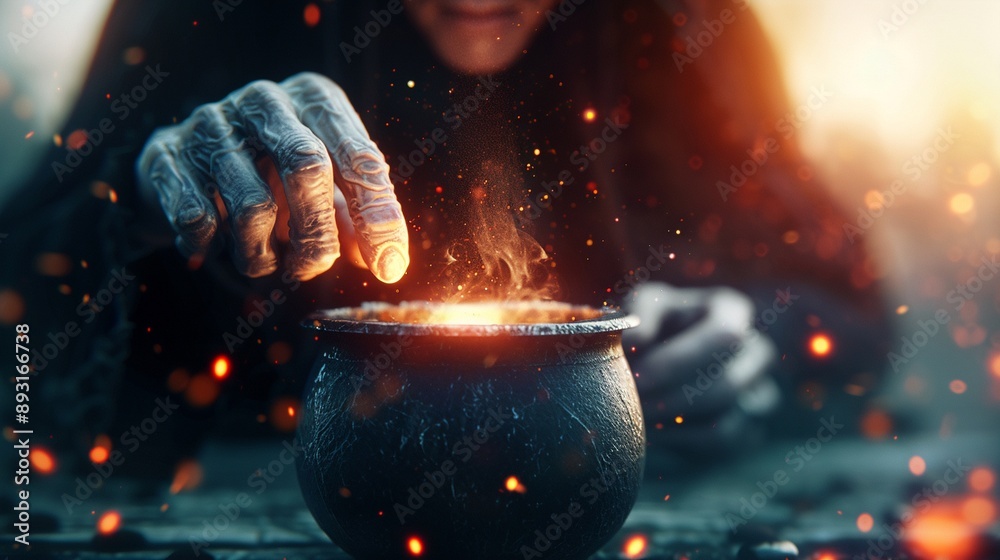 Evil hag brewing a potion in a cauldron, occult symbols glowing in the ...