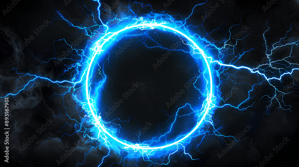 glowing electric blue lightning round frame with plasma portal ...