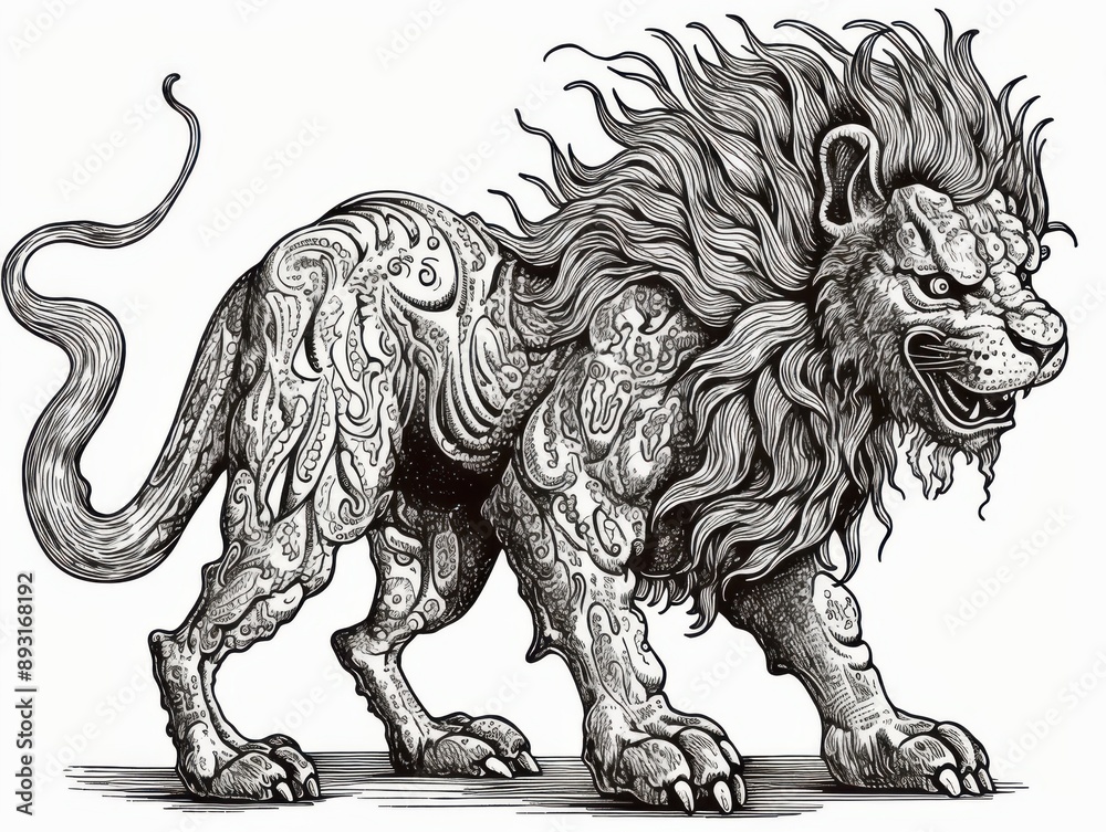 Black and white Vintage engraved art of a chimera isolated on white ...