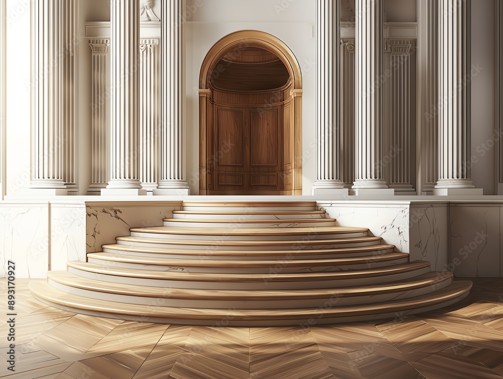 Grand staircase leading to an arched doorway in a classical building ...