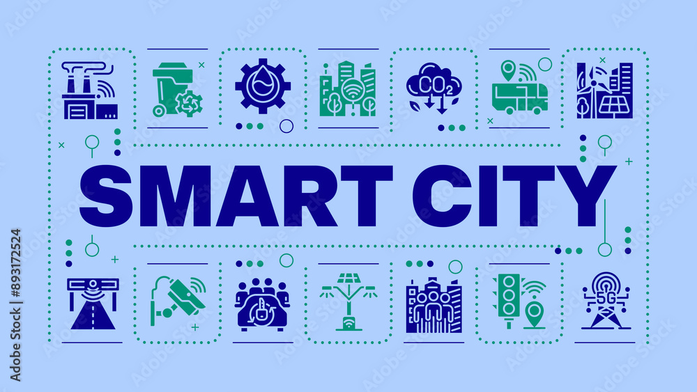 Smart city blue word concept. Communication system, metropolis ...
