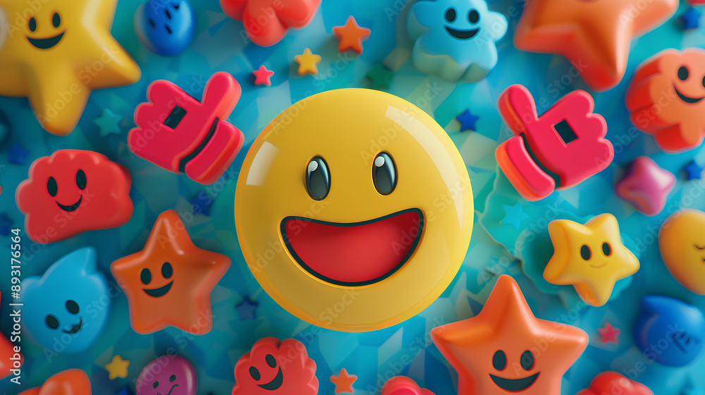 Smiley face surrounded by positive symbols, thumbs-up gestures, stars ...