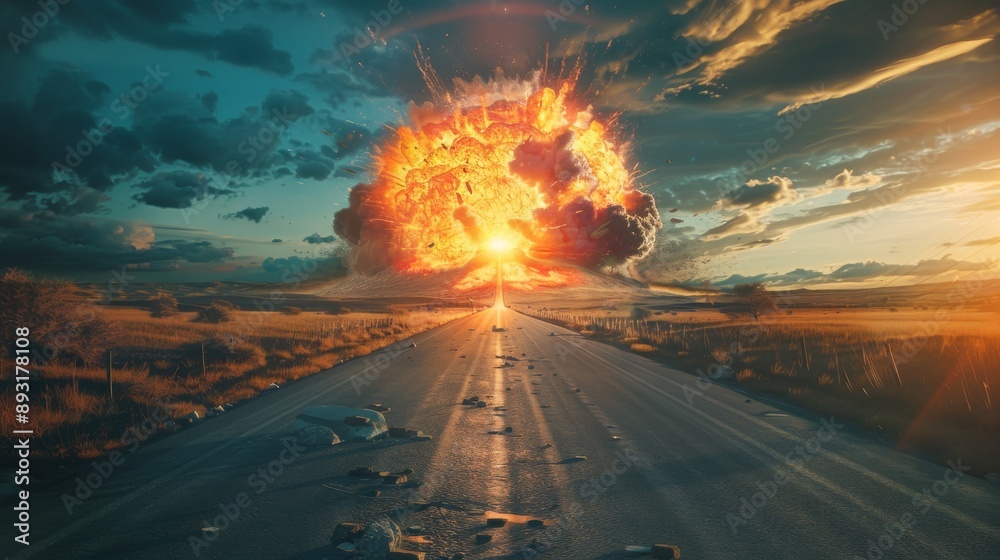 Asphalt road goes to a nuclear explosion. Terrible atomic explosion of ...