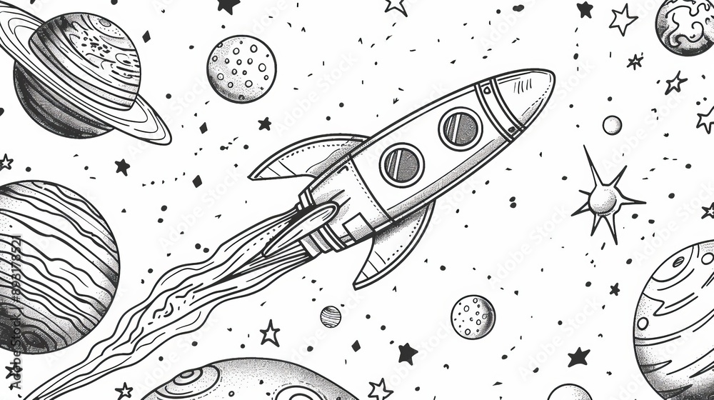 Black and white coloring page for kids with a rocket in space. The ...