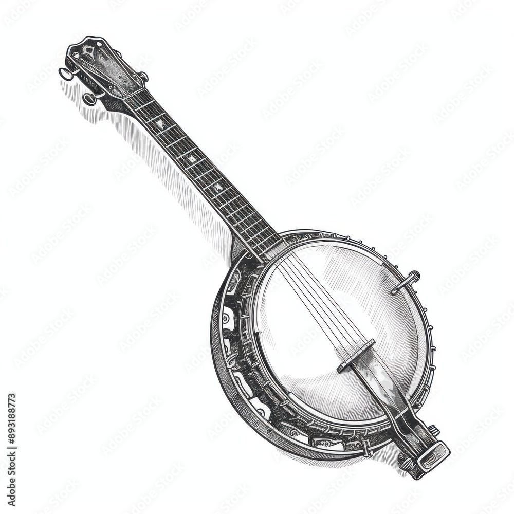 Black and white Vintage engraved art of a banjo isolated on white ...