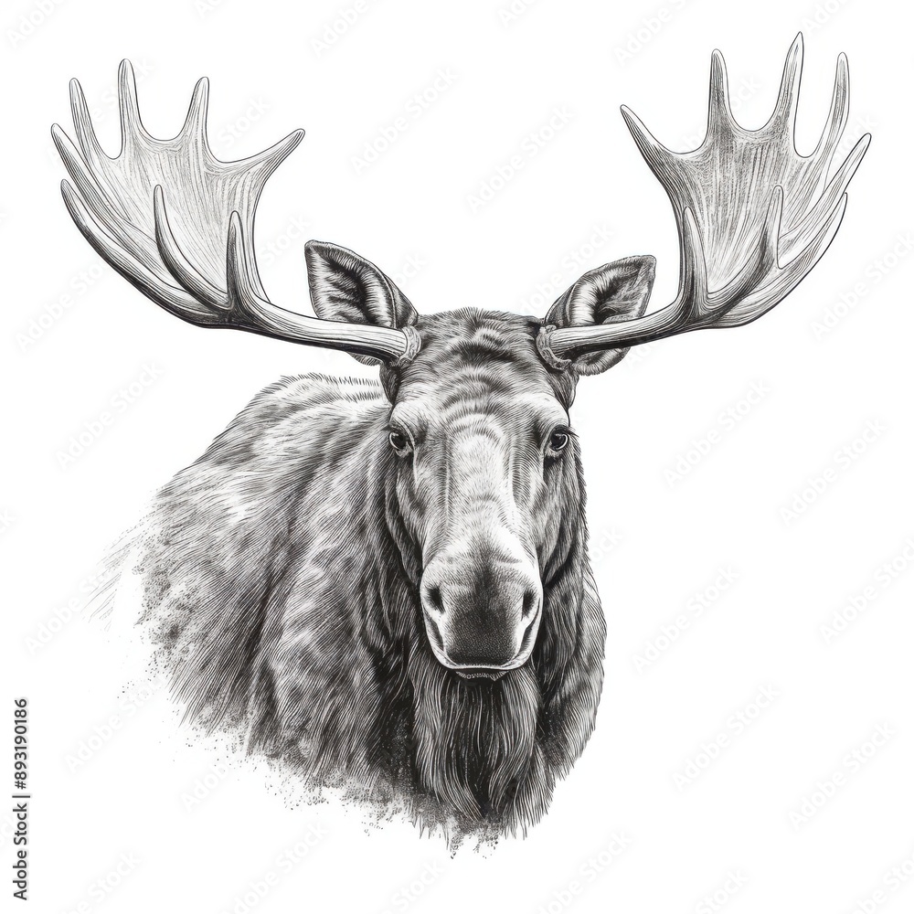 Black and white Vintage engraved art of a portrait of a moose isolated ...