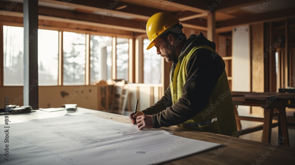 Professional construction worker planning home renovation with ...