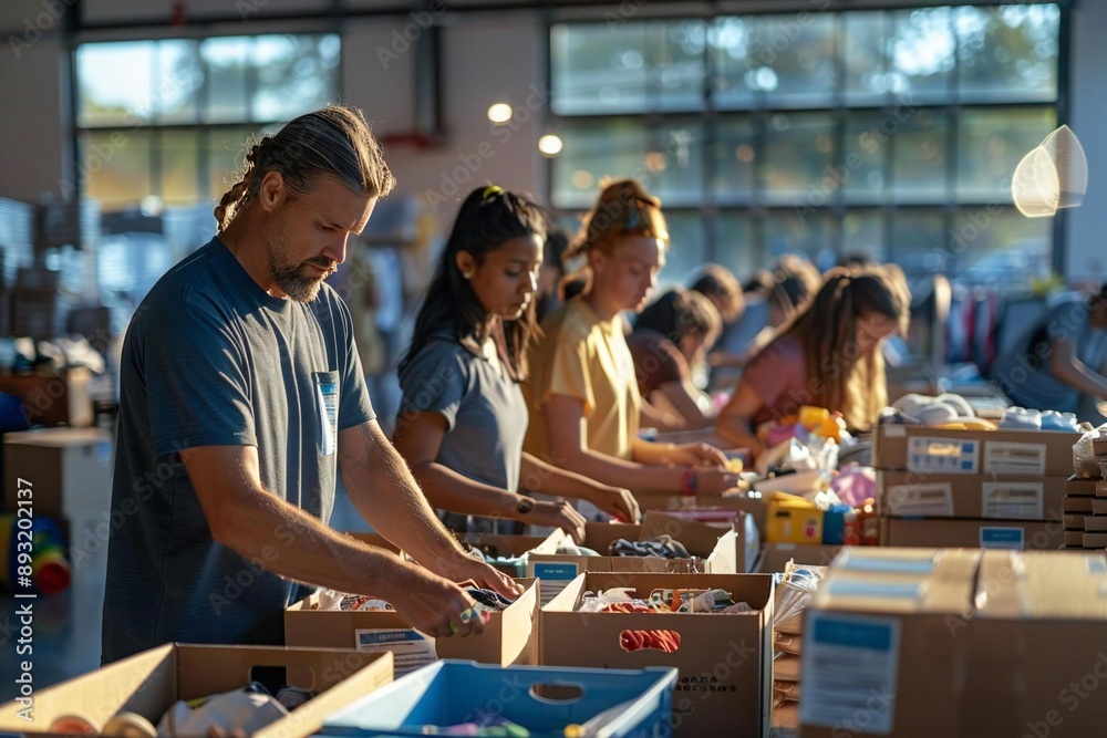 group of diverse volunteers are busy sorting through boxes of donated ...