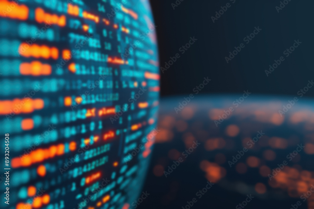 Abstract digital globe with glowing binary code and data patterns, representing global ...
