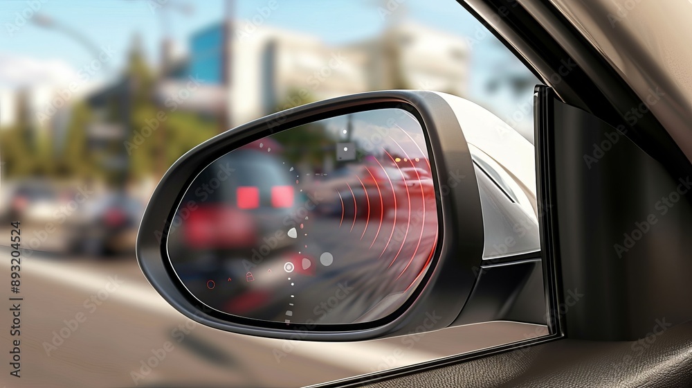 A close-up of a blind zone monitoring sensor on a side mirror of an ...