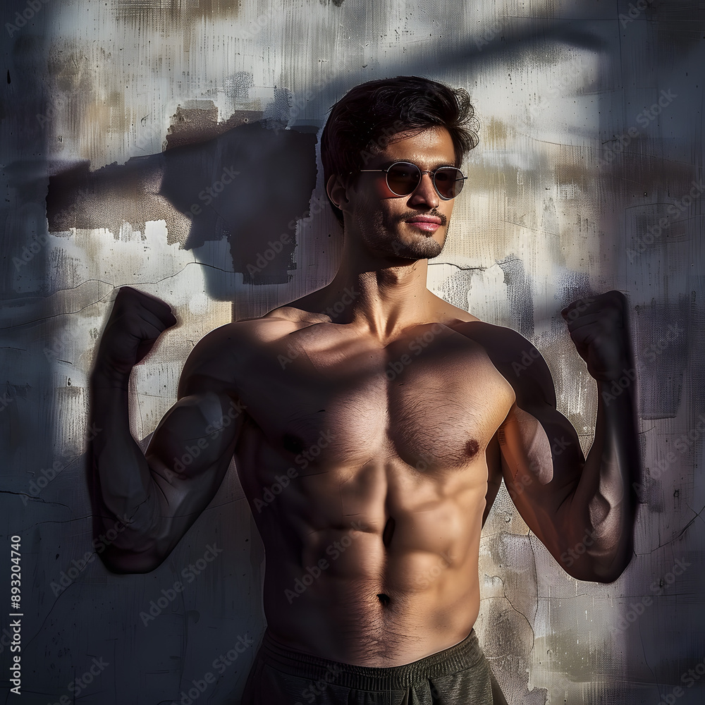 Confident young man shadows transforms into a muscular person on the ...