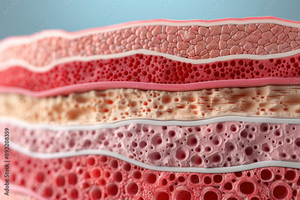 Detailed cross-section showing various layers of bone and muscle tissue ...