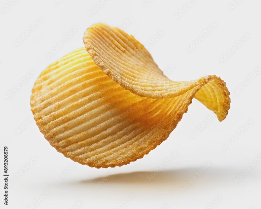 Crisp, golden, and delicate, a single curled potato chip floats in mid ...