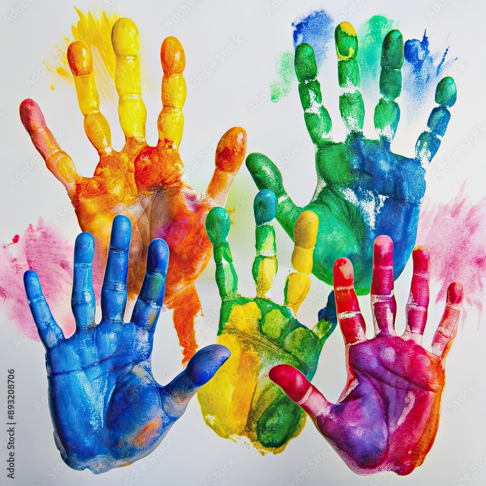 Colorful handprint art from a young child's creative project with ...