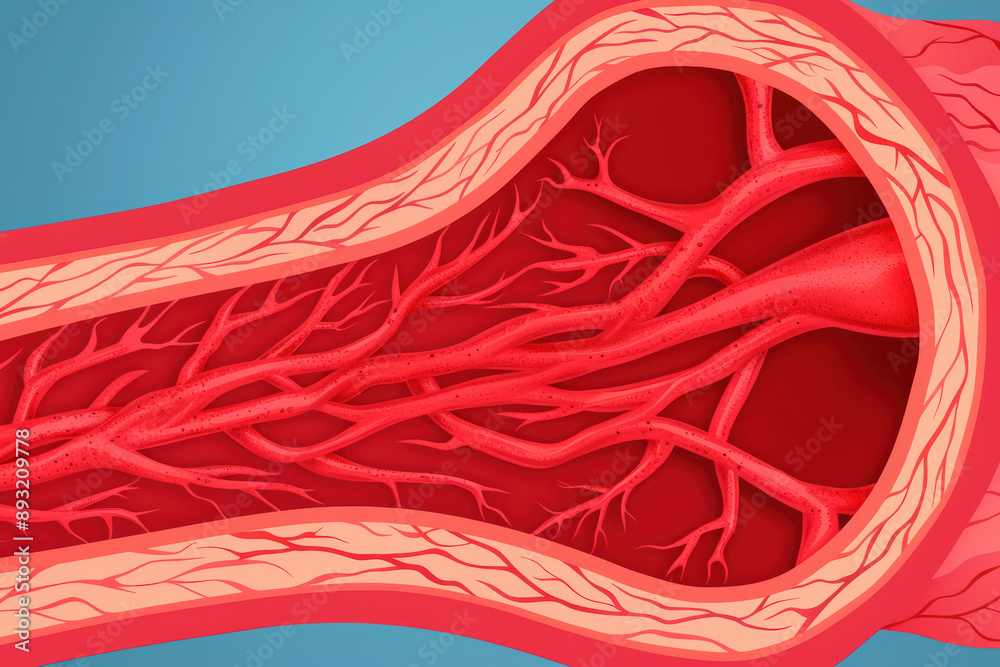 Detailed medical illustration of blood vessels and arteries, showcasing ...