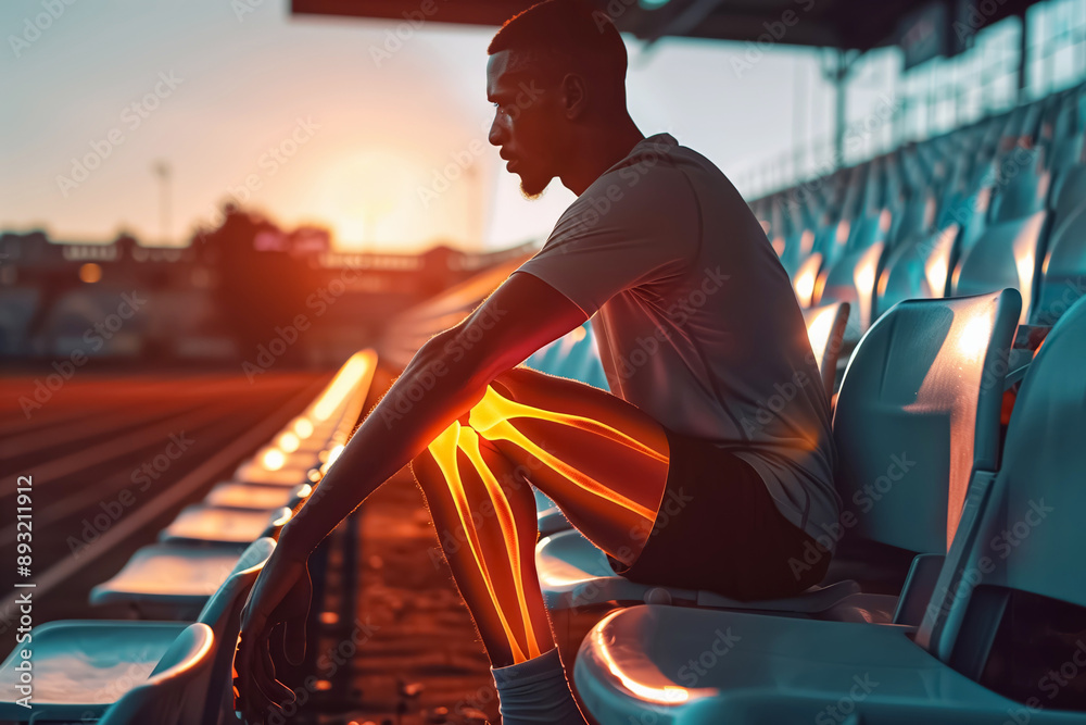 An athlete sits on stadium bleachers at sunset, persevering through ...