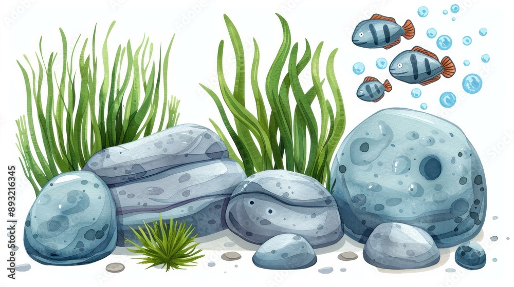 Beautiful watercolor illustration of aquatic green weeds and rocks ...