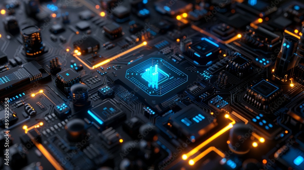 blue light-emitting chip Surrounded by black and gray circuit boards ...