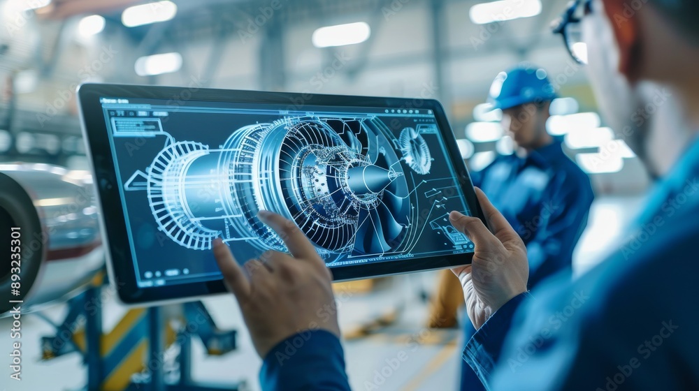 Two engineers use a digital tablet with software that shows a 3D model ...