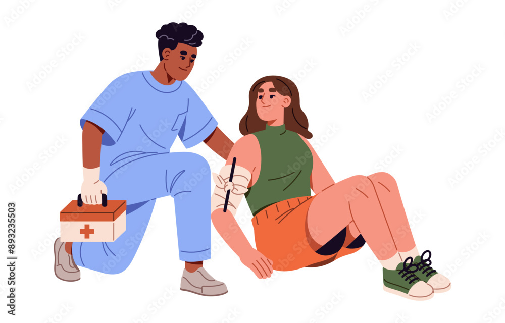 First aid in emergency accident. Doctor puts bandage on injury. Medic ...