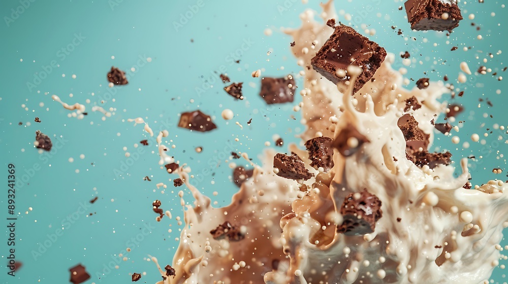 **Ice cream explosion with brownie chunks on a solid teal background ...