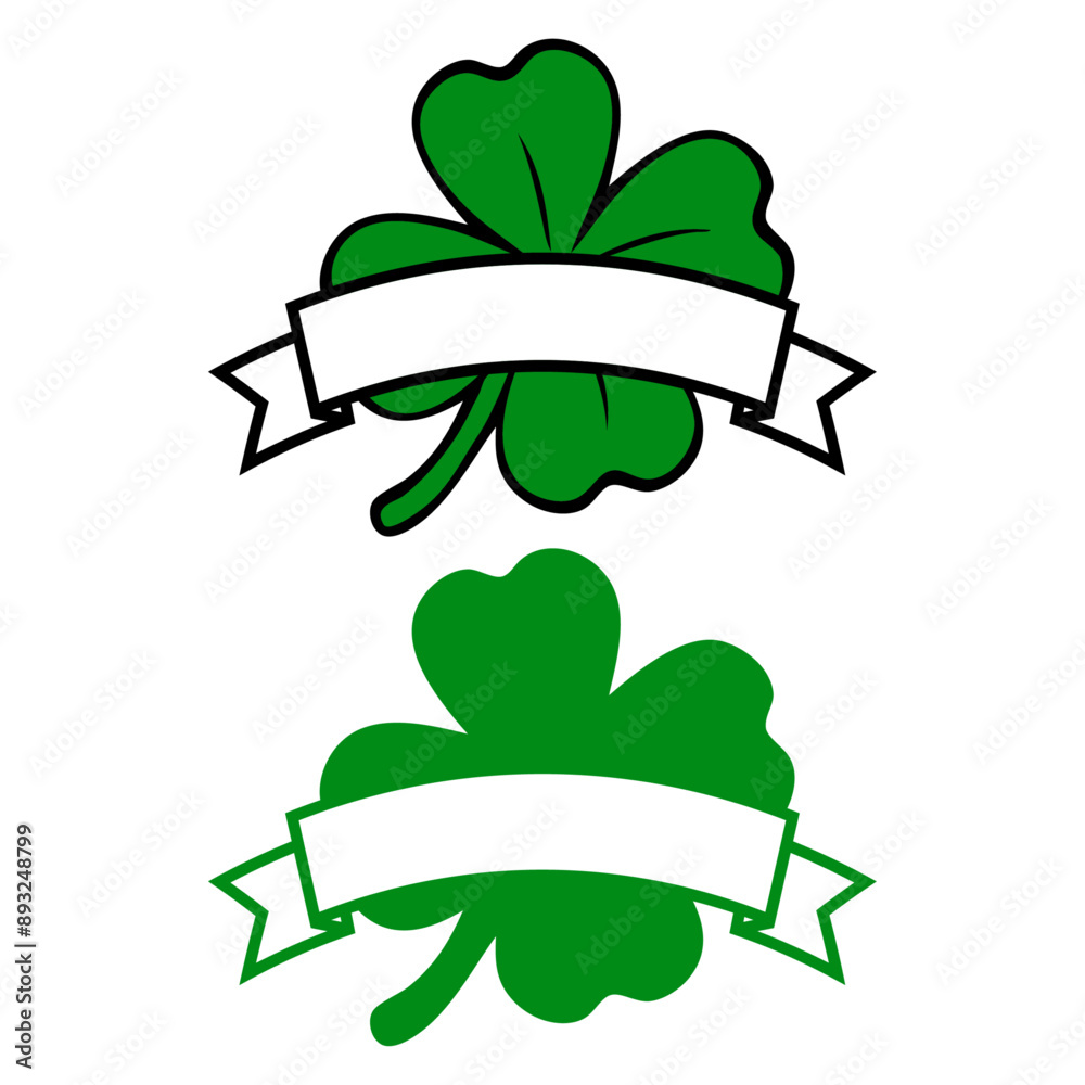 Día de San Patricio. Logo con bandera de cinta sobre silueta de trébol ...