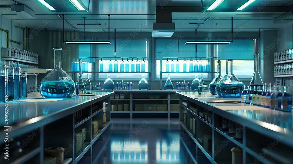 Chemistry lab classroom with test tubes and liquids; experiment room ...