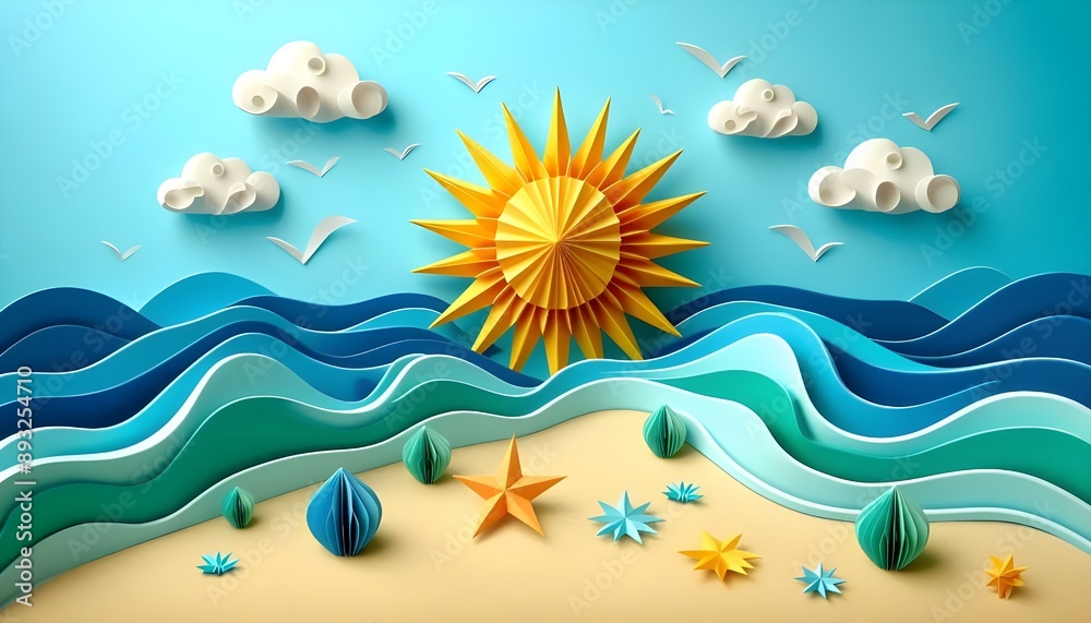 An origami Summer Sun Safety Month on a beautiful beach with paper ...