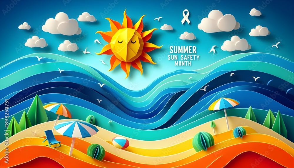An origami Summer Sun Safety Month on a beautiful beach with paper ...
