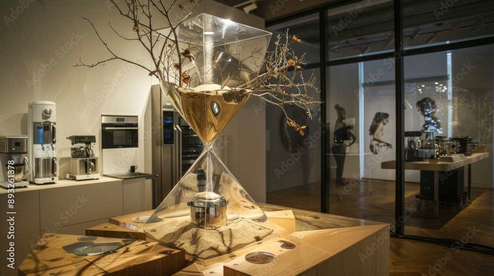 Create a transparent hourglass sculpture, 3 meters high, in the shape ...