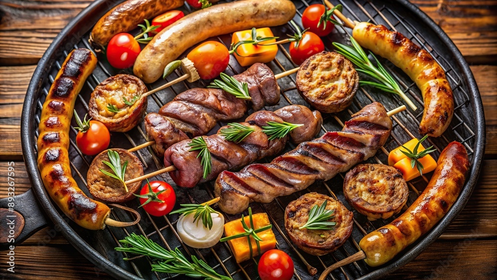 Grilled South African braai with boerewors sausage, lamb chops, and ...