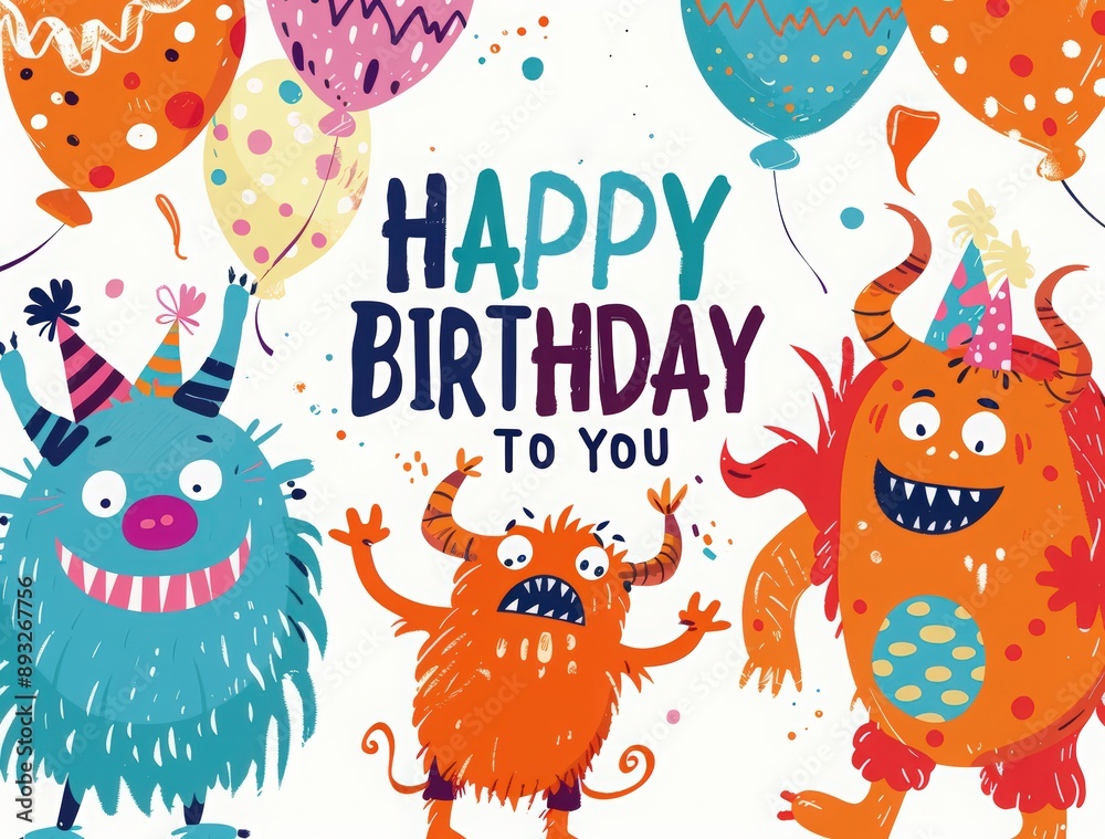 Happy birthday card with a cute monster character and text "HAPPY ...
