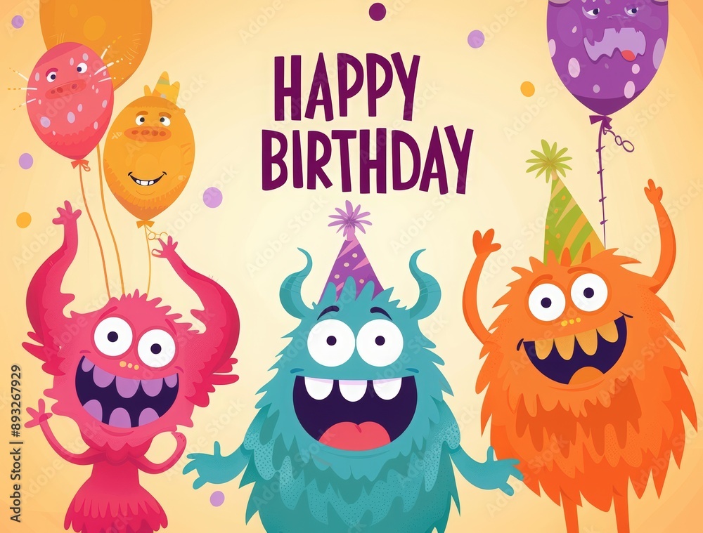 Happy birthday card with a cute monster character and text "HAPPY ...