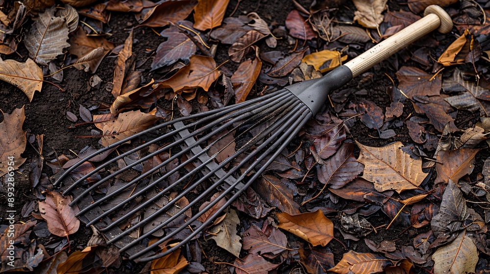 High-detail depiction of a leaf rake with flexible tines lying on a bed ...