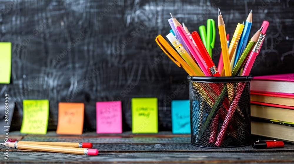 Detailed depiction of an office setup with a desk organizer containing ...