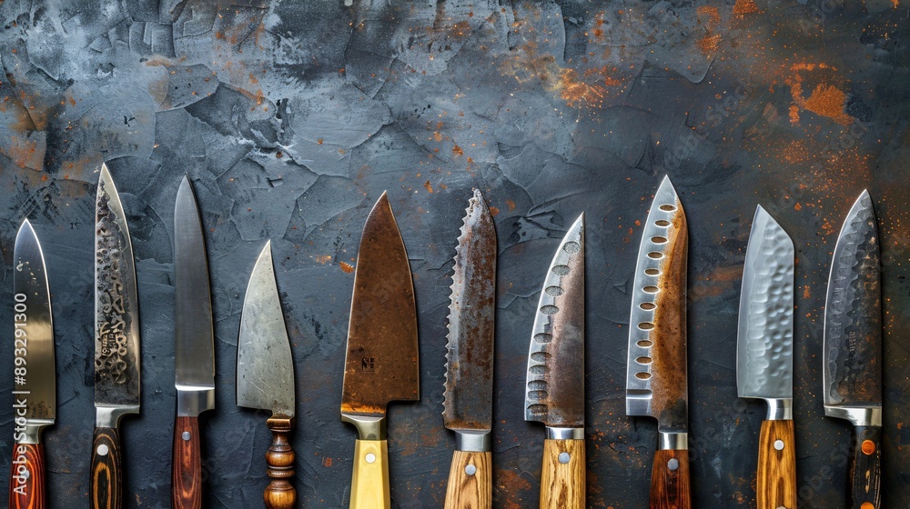 Detailed depiction of kitchen knives of various sizes and styles ...