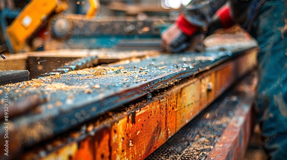 High-detail depiction of a table saw with a large work surface centered ...