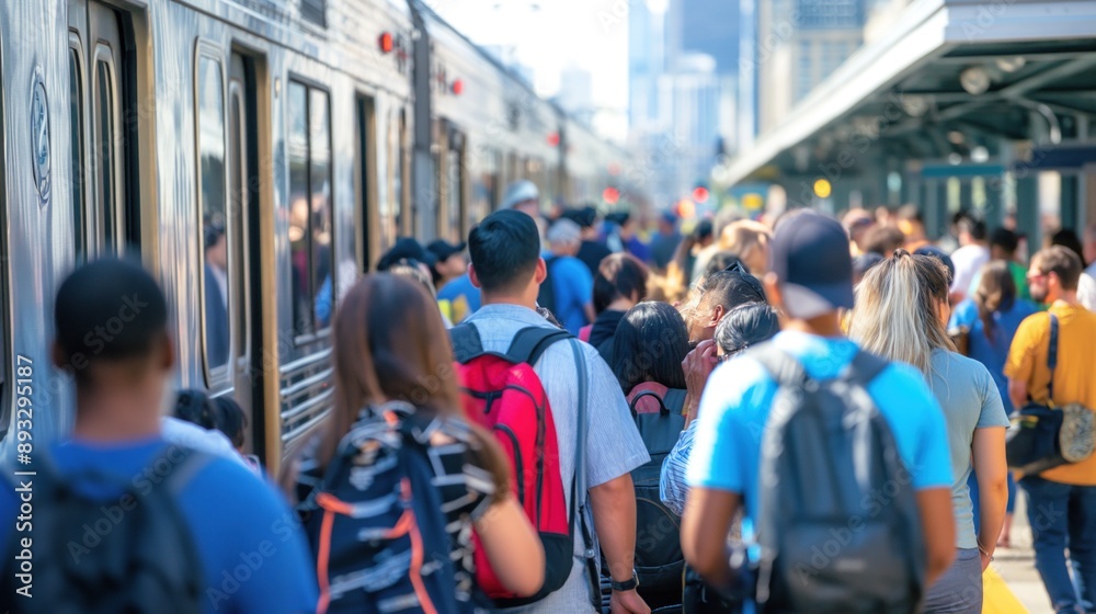 Passengers boarding a train at a bustling station, highlighting the ...