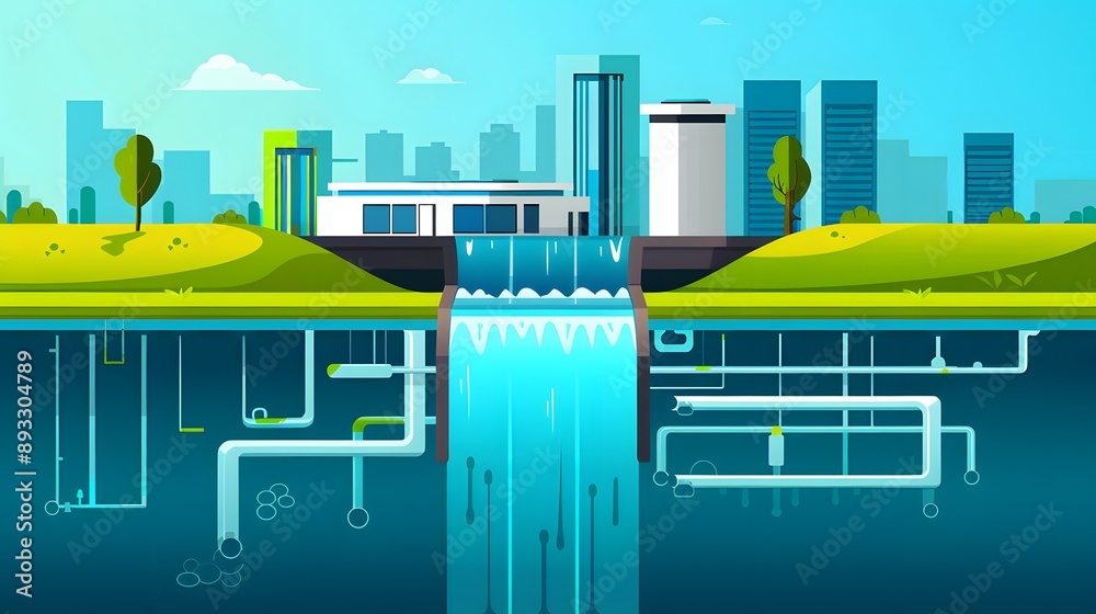 Water resources engineering flat design front view hydraulic systems ...
