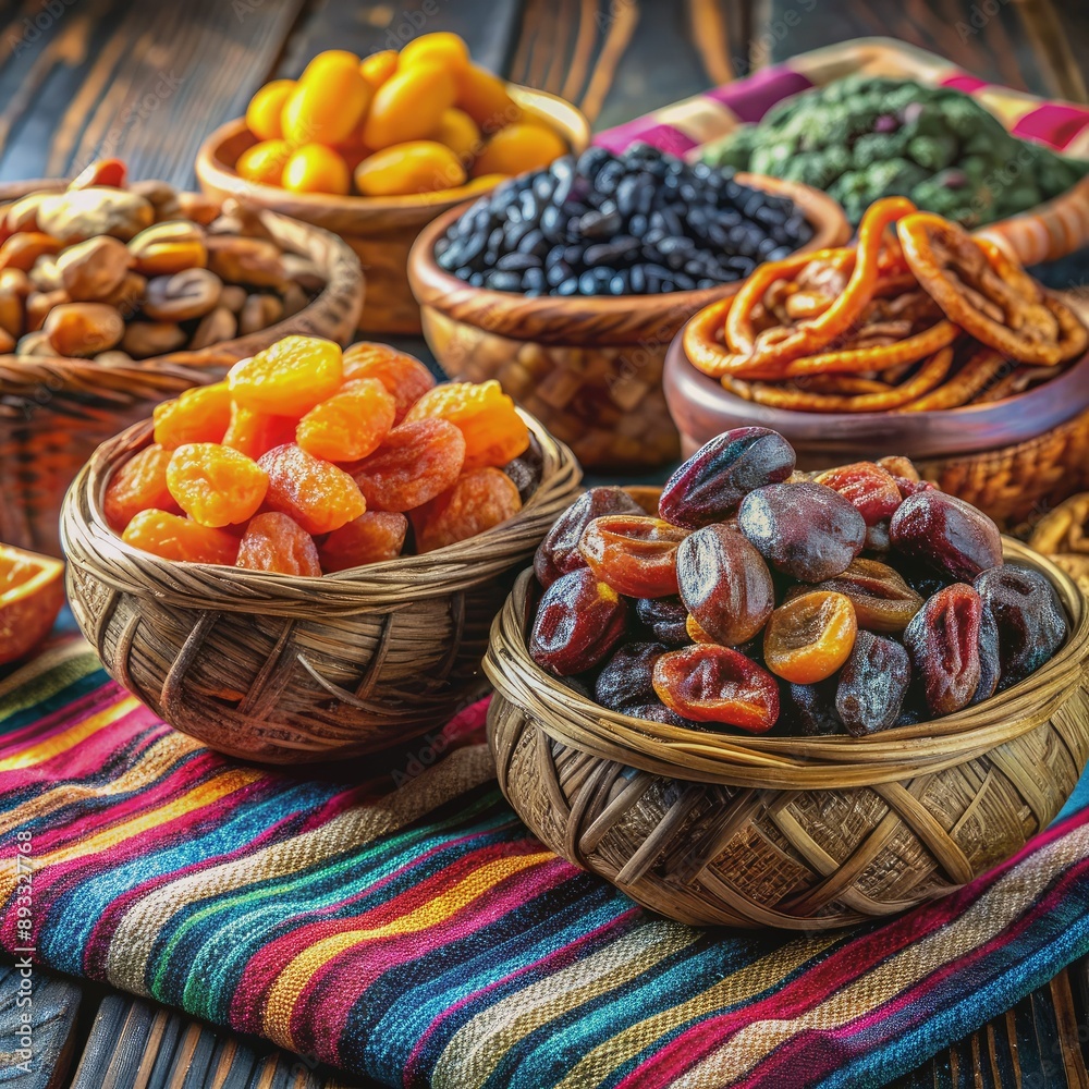 Vibrant arrangement of dry fruits including dates, apricots, and prunes ...