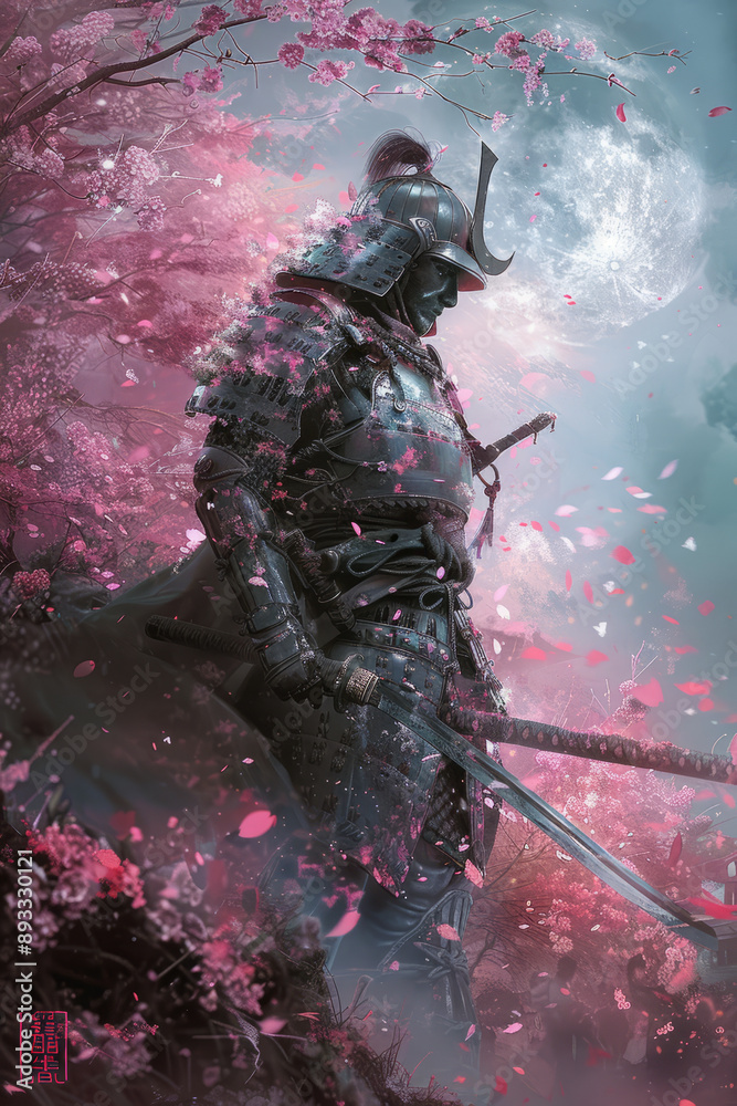 Samurai in moonlit cherry blossoms, armor gleaming, katana ready ...