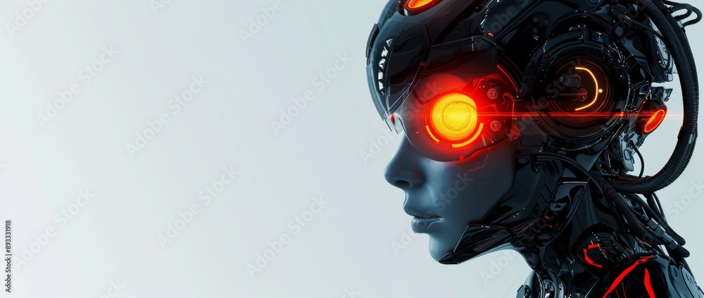 An of a cyborg woman chatbot with a humanoid face. There is a round ...