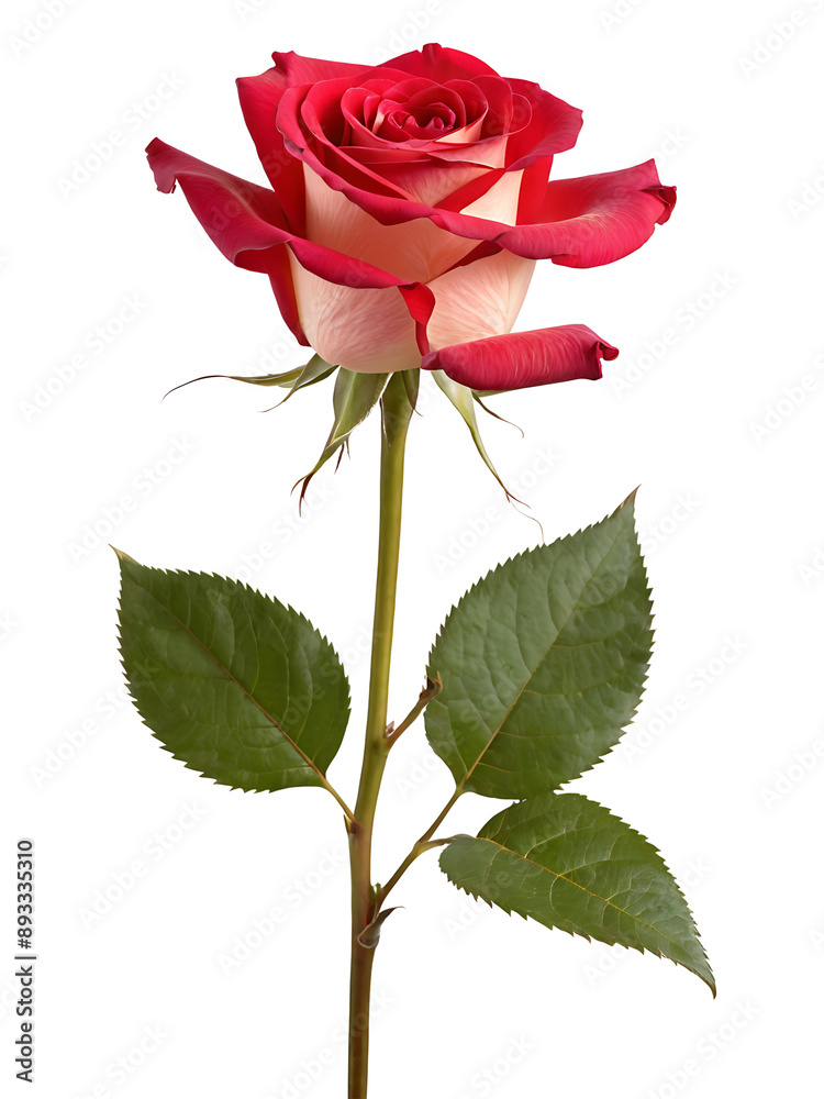 A single, vibrant red rose with a long stem and green leaves, perfect for Valentine's Day ...