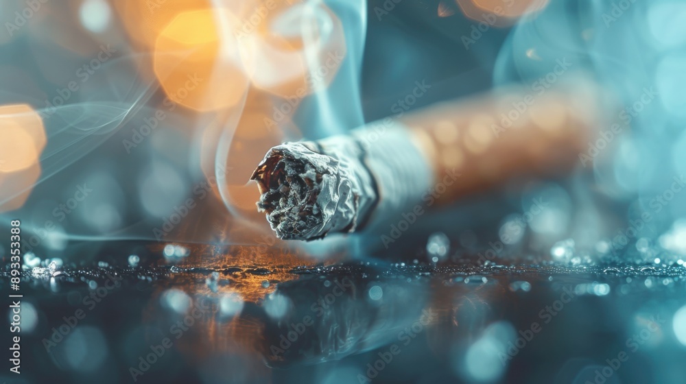 This image captures a burning cigarette lying on a reflective surface ...