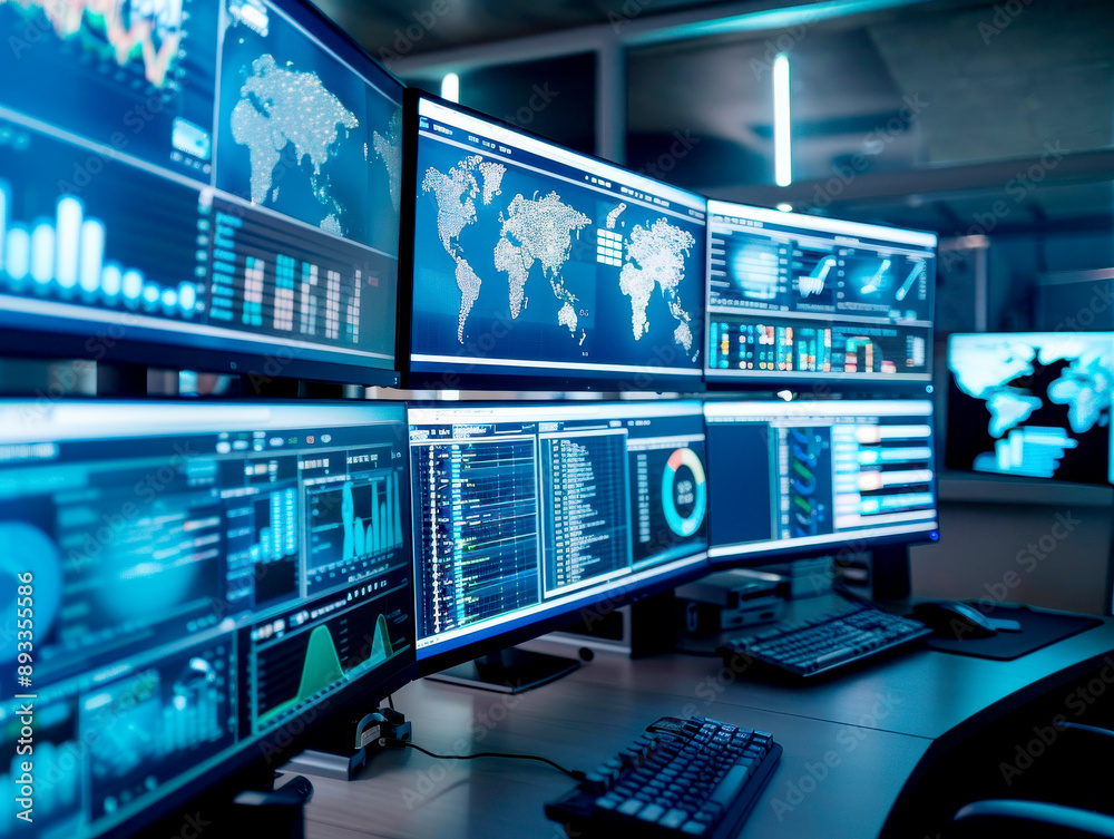 Modern control room with multiple computer monitors displaying data ...