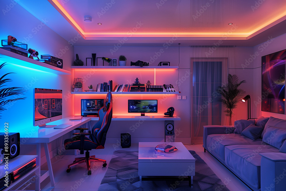 Indoor photo of gaming setup with gaming neon pc, gaming keyboard,white ...