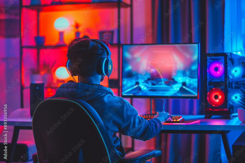 indoor photo of gaming setup with gaming neon pc, gaming keyboard,white ...